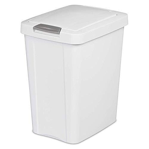 Sterilite 10438004 7.5 Gallon Slim Profile TouchTop Wastebasket with Titanium Latch, Fits 8 Gal Trash Can Bags, Locks in Garbage Bin Odors, White 8 Ct