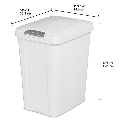 Sterilite 10438004 7.5 Gallon Slim Profile TouchTop Wastebasket with Titanium Latch, Fits 8 Gal Trash Can Bags, Locks in Garbage Bin Odors, White 8 Ct