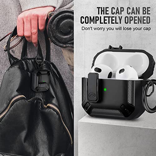 Youskin Airpod 3rd Generation Case 2021 Secure Lock Clip Case, Carbon Fiber Military Armor Series Full-Body Rugged Hard Shell Airpod 3 Case for Men Women with Keychain Carabiner,Black