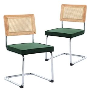 imenting velvet dining chairs, mid century modern chairs with rattan backrest upholstered comfy side chair for home kitchen dining room, set of 2 green