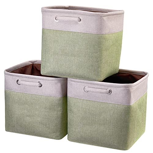 Fabric Cube Storage Boxes Foldable Storage Bins Light Green and Silver Khaki Patchwork Storage Baskets Cube Storage Bins with Handle Cubes Inserts Storage for Home and Office Supplies 13x13x13 cube organizer bin Pack of 3