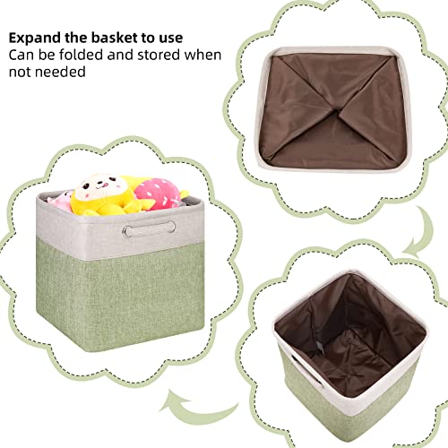 Fabric Cube Storage Boxes Foldable Storage Bins Light Green and Silver Khaki Patchwork Storage Baskets Cube Storage Bins with Handle Cubes Inserts Storage for Home and Office Supplies 13x13x13 cube organizer bin Pack of 3