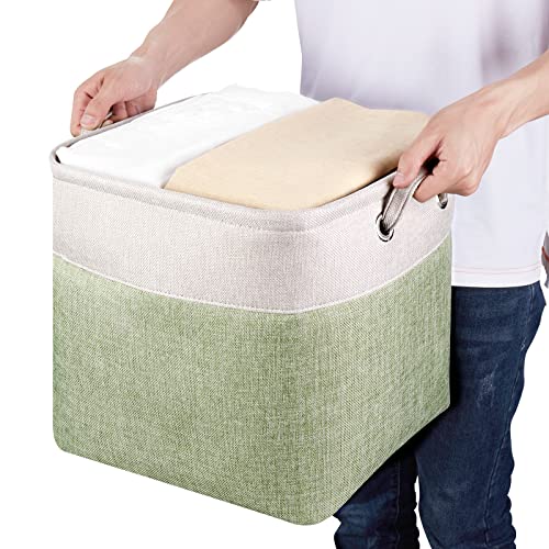 Fabric Cube Storage Boxes Foldable Storage Bins Light Green and Silver Khaki Patchwork Storage Baskets Cube Storage Bins with Handle Cubes Inserts Storage for Home and Office Supplies 13x13x13 cube organizer bin Pack of 3