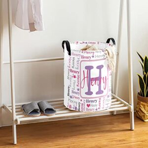 Custom Laundry Hamper with Name Personalized Laundry Baskets Collapsible Clothes Storage Basket with Handle for Bathroom Living Room Bedroom (Purple Pink)