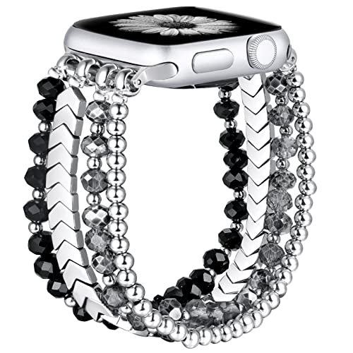 Fastgo Bracelet Band Beaded Compatible with Apple Watch 38mm 40mm 41mm 42mm 44mm 45mm 49mm Women,Fashion Elastic Stretch Strap Bands for Iwatch SE&Series 9 Ultra 8 7 6 5 4 3 2 1(Black/Sliver/Grey,S/M)