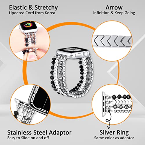 Fastgo Bracelet Band Beaded Compatible with Apple Watch 38mm 40mm 41mm 42mm 44mm 45mm 49mm Women,Fashion Elastic Stretch Strap Bands for Iwatch SE&Series 9 Ultra 8 7 6 5 4 3 2 1(Black/Sliver/Grey,S/M)