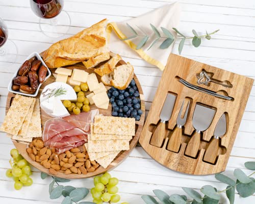 WinTruffles Acacia Cheese Board Set - Cheese Board and Knife Set, Cheese Platter, Cheese Platter Board, Cheese Tray, Charcuterie Board Set … (Round Acacia)