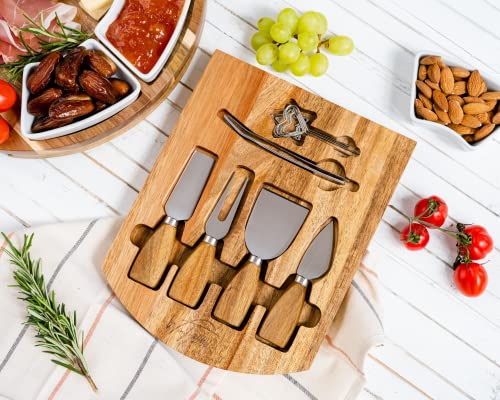 WinTruffles Acacia Cheese Board Set - Cheese Board and Knife Set, Cheese Platter, Cheese Platter Board, Cheese Tray, Charcuterie Board Set … (Round Acacia)