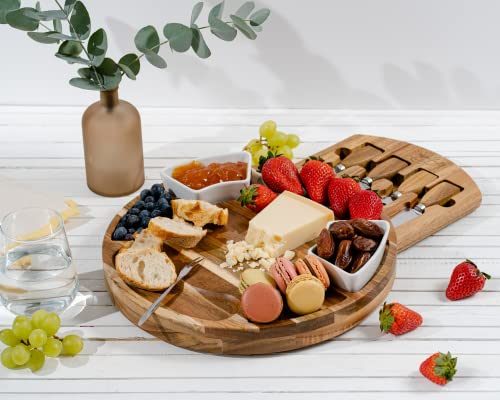 WinTruffles Acacia Cheese Board Set - Cheese Board and Knife Set, Cheese Platter, Cheese Platter Board, Cheese Tray, Charcuterie Board Set … (Round Acacia)