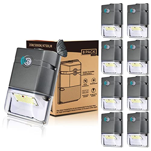 HiBay LED Dusk to Dawn Wall Pack Light with Photocell Sensor, 35W 4750LM 5000K Daylight Outdoor Wall Lights Replaces 150-250W HPS/HID, IP65 Exterior Patio Security Wall Lighting, 8-Pack