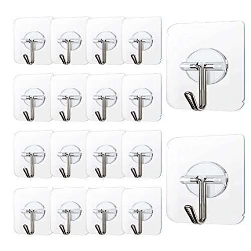 COLOGO Adhesive Hooks 24lb(Max) 60 Pack Heavy Duty Self Adhesive Hooks, Transparent Reusable Seamless Adhesive Wall Hooks for Kitchens, Bathroom, Office