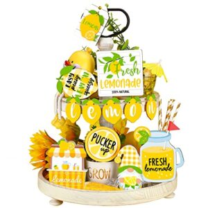 11 pieces lemon peach pumpkin tiered tray decor set gnome fresh lemonade wooden tiered tray decor peach lemon wood blocks standing sign decorations for layered pallets summer autumn (lemon style)