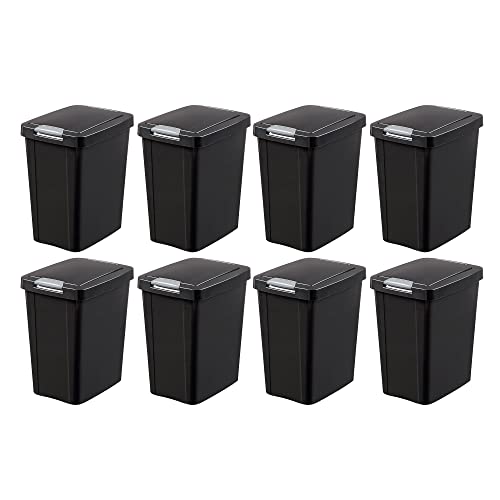 Sterilite 7.5 Gallon TouchTop Narrow Plastic Wastebasket with Secure Titanium Latch for Kitchen, Bathroom, and Office Use, Black (8 Pack)