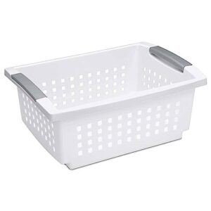 sterilite medium sized stackable storage bin and organization basket with flip down accent rails for home and household organization, white (30 pack)