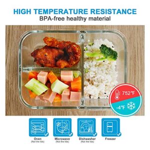 DAS TRUST 3 Pack 36oz Bento Box Glass Meal Prep Container 3 Compartment Glass Food Storage Containers with Lids Meal Prep Bowls Lunch Box Glass Food Prep Containers Lunch Container for Microwave Oven