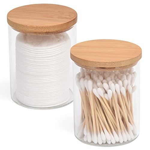 BKYFPQ 2 Pack Glass Qtip Holder Dispenser Bathroom Jars with Bamboo Lids, Cotton Ball Pad Round Swab Holder for Bathroom Accessories Storage Organizer,Farmhouse Bathroom Decor, Boho Bathroom Decor.