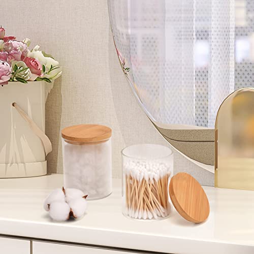 BKYFPQ 2 Pack Glass Qtip Holder Dispenser Bathroom Jars with Bamboo Lids, Cotton Ball Pad Round Swab Holder for Bathroom Accessories Storage Organizer,Farmhouse Bathroom Decor, Boho Bathroom Decor.