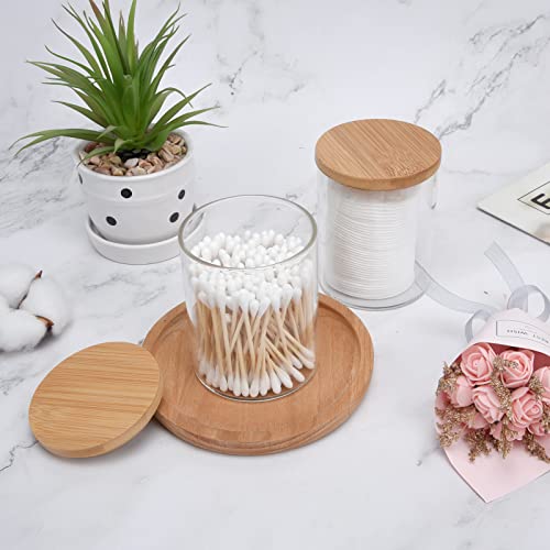 BKYFPQ 2 Pack Glass Qtip Holder Dispenser Bathroom Jars with Bamboo Lids, Cotton Ball Pad Round Swab Holder for Bathroom Accessories Storage Organizer,Farmhouse Bathroom Decor, Boho Bathroom Decor.