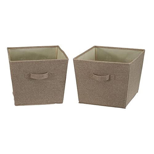 Household Essentials Medium Fabric Storage Bins 2 Pack, Storage Bins with Handles, Poly Linen Fabric with Wire Framing, Great for Shelving Organization, Latte Linen