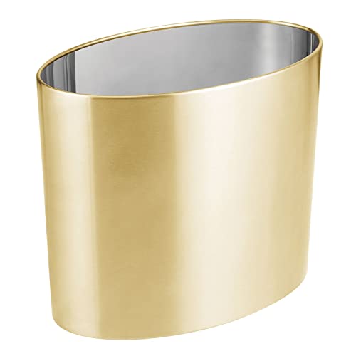 mDesign Metal Modern Oval Small 1.8 Gallon/ 6.9 Liter Trash Can, Wastebasket for Bathroom, Bedroom Holds Garbage, Waste, Paper, Recyclables - Mirri Collection - Soft Brass