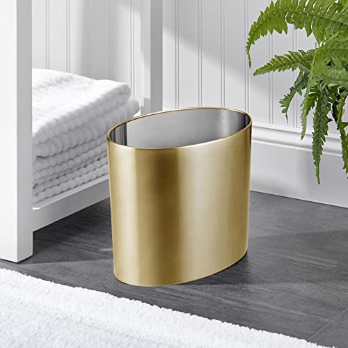 mDesign Metal Modern Oval Small 1.8 Gallon/ 6.9 Liter Trash Can, Wastebasket for Bathroom, Bedroom Holds Garbage, Waste, Paper, Recyclables - Mirri Collection - Soft Brass