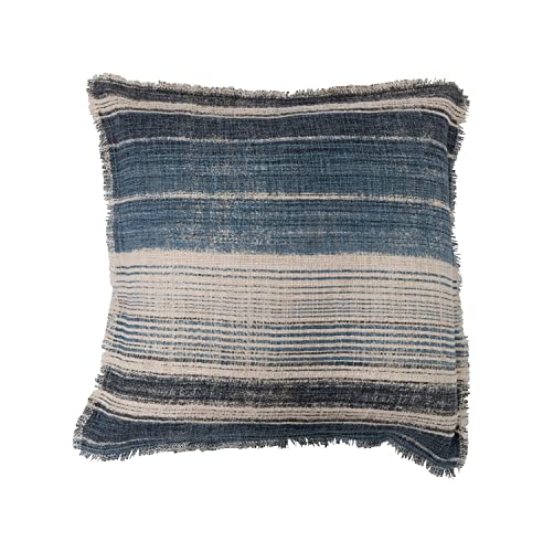 Creative Co-Op Stonewashed Woven Cotton Blend Slub Stripes and Eyelash Fringe Pillow, 20" L x 20" W x 2" H, Blue