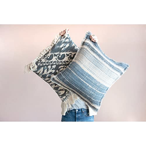 Creative Co-Op Stonewashed Woven Cotton Blend Slub Stripes and Eyelash Fringe Pillow, 20" L x 20" W x 2" H, Blue