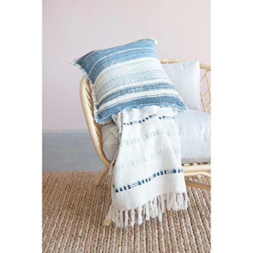 Creative Co-Op Stonewashed Woven Cotton Blend Slub Stripes and Eyelash Fringe Pillow, 20" L x 20" W x 2" H, Blue