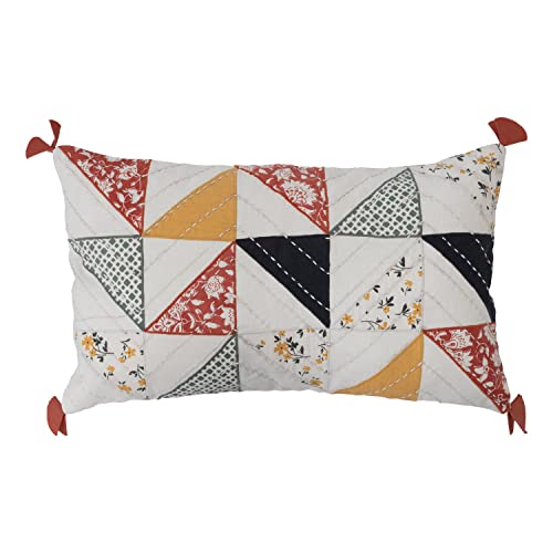 Creative Co-Op Cotton Patchwork Quilted Lumbar Kantha Stitch and Tassels Pillow, 20" L x 12" W x 2" H, Multicolor