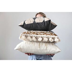 Creative Co-Op Cotton Pillow with Embroidery, Chambray Back and Tassels