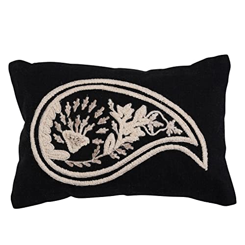 Creative Co-Op Woven Cotton Slub Lumbar Embroidered Paisley Pillow, 14" L x 9" W x 2" H, Black