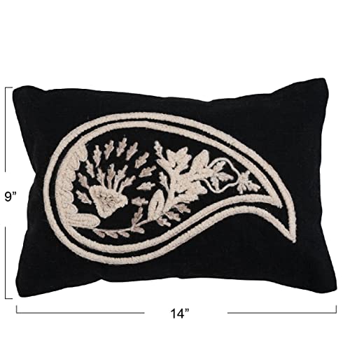 Creative Co-Op Woven Cotton Slub Lumbar Embroidered Paisley Pillow, 14" L x 9" W x 2" H, Black