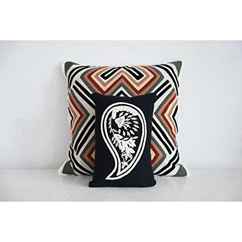 Creative Co-Op Woven Cotton Slub Lumbar Embroidered Paisley Pillow, 14" L x 9" W x 2" H, Black