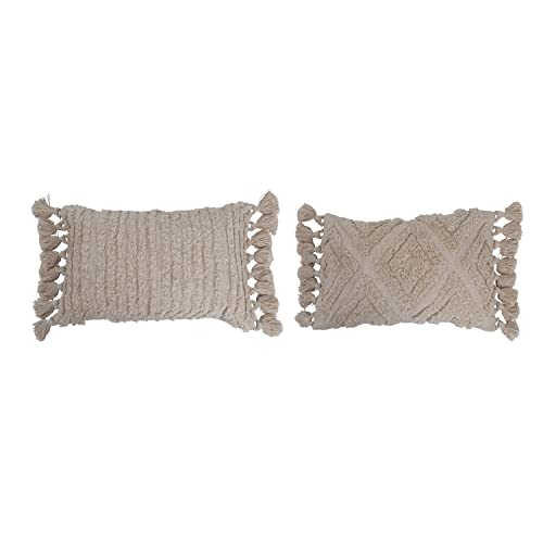 Creative Co-Op Woven Cotton Slub Lumbar Tufted Design and Tassels, Set of 2 Pillows, 24" L x 16" W x 0" H, Cream