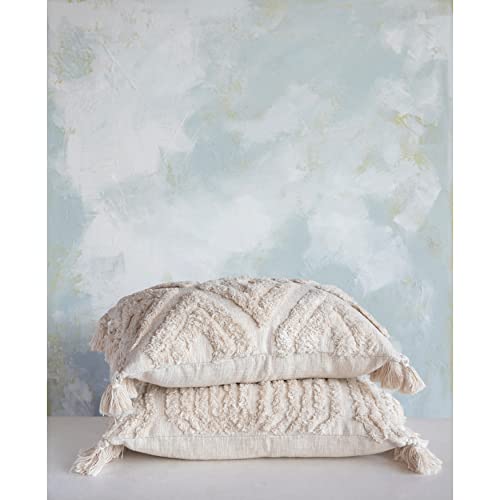 Creative Co-Op Woven Cotton Slub Lumbar Tufted Design and Tassels, Set of 2 Pillows, 24" L x 16" W x 0" H, Cream