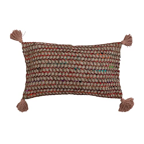 Creative Co-Op Woven Cotton Blend Lumbar Tassels and Chambray Back Pillow, 24" L x 14" W x 2" H, Multicolor