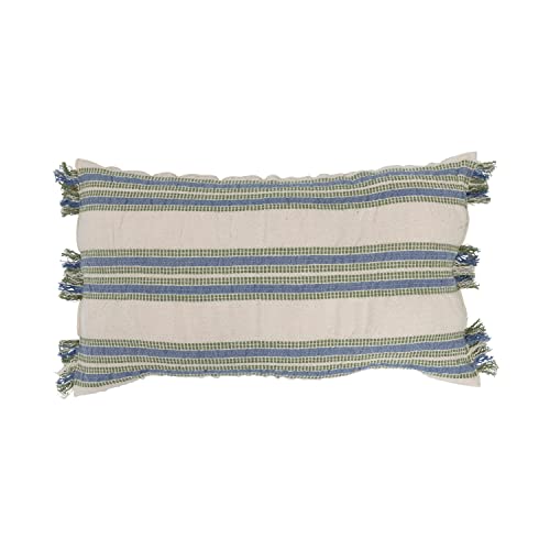 Creative Co-Op Woven Cotton Lumbar Stripes and Fringe Pillow, 20" L x 12" W x 2" H, Multicolor