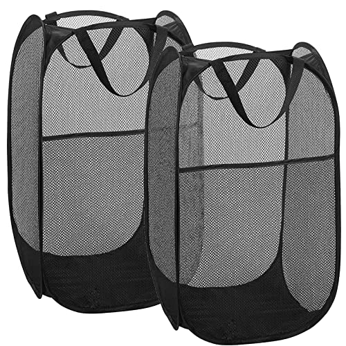 BENJUNC 2 Laundry Baskets, pop-up Laundry Baskets, Foldable mesh Laundry Baskets (Each with 2 Reinforced Handles), Black