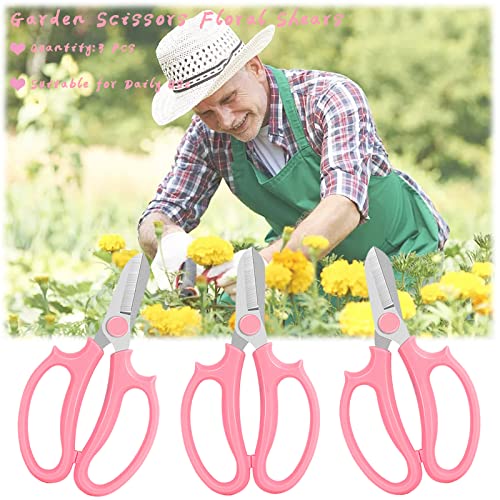 3 Pcs Garden Scissors Floral Shears,Professional Floral Scissors with Comfortable Grip Handle,Premium Garden Pruning Shears for Plants Trimming and Fruit Picking Trimming,Pink