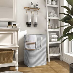 Chrislley 72L Freestanding Laundry Hamper with Handle Large Laundry Basket Laundry Bin Collapsible Dirty Clothes Basket Cotton Storage Basket for Clothes(Striped Grey)