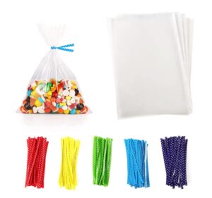 newkita 100pcs small cellophane bags, 5x7 clear gift rice crispy candy cake pop party favor bags with 4’’ ties christmas thanksgiving halloween treat bags