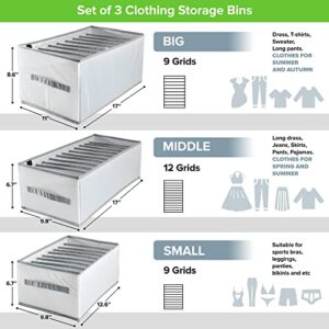 bella4home - 3Pcs Foldable Closet Organizers and Clothes Storage Bins - Washable Divided Fabric Storage Bins for Clothes Drawer Or Gray