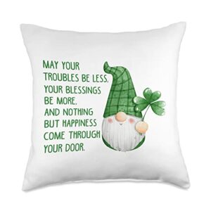 irish blessing st patricks day decorative st patricks day gnomes lucky shamrocks with irish blessings throw pillow, 18x18, multicolor