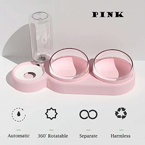 JiangYanus Raised Cat Bowls, 15° Tilted Cat Puppy Food and Water Bowl Set with Automatic Water Dispenser Bottle Cat Dish for Cat Small Medium Dogs (Pink)