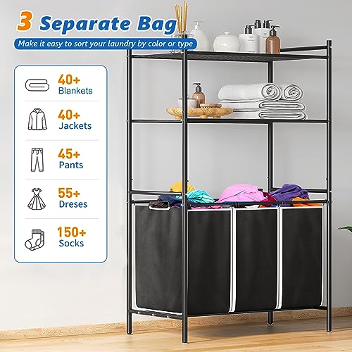 Raybee Laundry Sorter 3 Section Laundry Hamper Sorter with Adjustable Storage Shelf 145L Laundry Basket Organizer with Removable Bag 3 Compartment Laundry Hampers for Laundry Room Organization Baskets