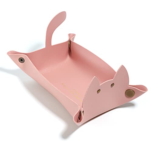 Aoyinism Cute Cat Shaped Leather Valet Tray,Premium Catchall Tray, Jewelry Tray, Decorative Desk Organizer, Foldable Portable Desk Organizer (Pink)