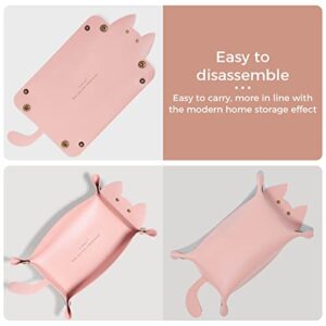 Aoyinism Cute Cat Shaped Leather Valet Tray,Premium Catchall Tray, Jewelry Tray, Decorative Desk Organizer, Foldable Portable Desk Organizer (Pink)