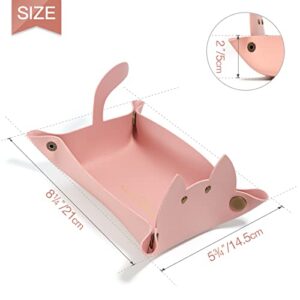 Aoyinism Cute Cat Shaped Leather Valet Tray,Premium Catchall Tray, Jewelry Tray, Decorative Desk Organizer, Foldable Portable Desk Organizer (Pink)