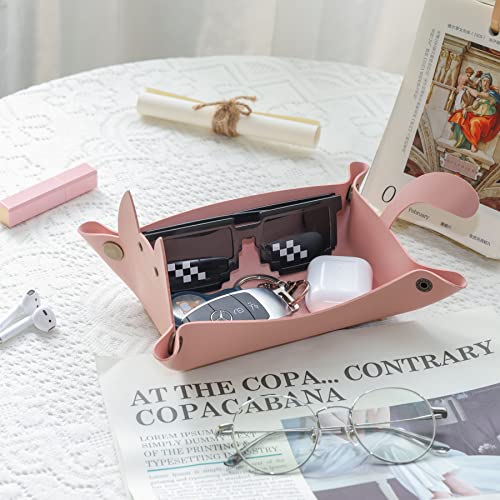 Aoyinism Cute Cat Shaped Leather Valet Tray,Premium Catchall Tray, Jewelry Tray, Decorative Desk Organizer, Foldable Portable Desk Organizer (Pink)