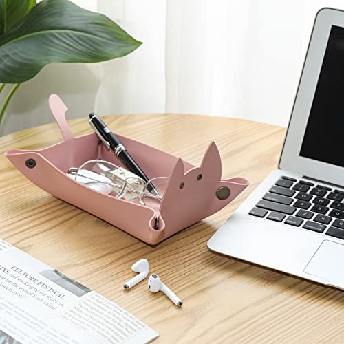 Aoyinism Cute Cat Shaped Leather Valet Tray,Premium Catchall Tray, Jewelry Tray, Decorative Desk Organizer, Foldable Portable Desk Organizer (Pink)